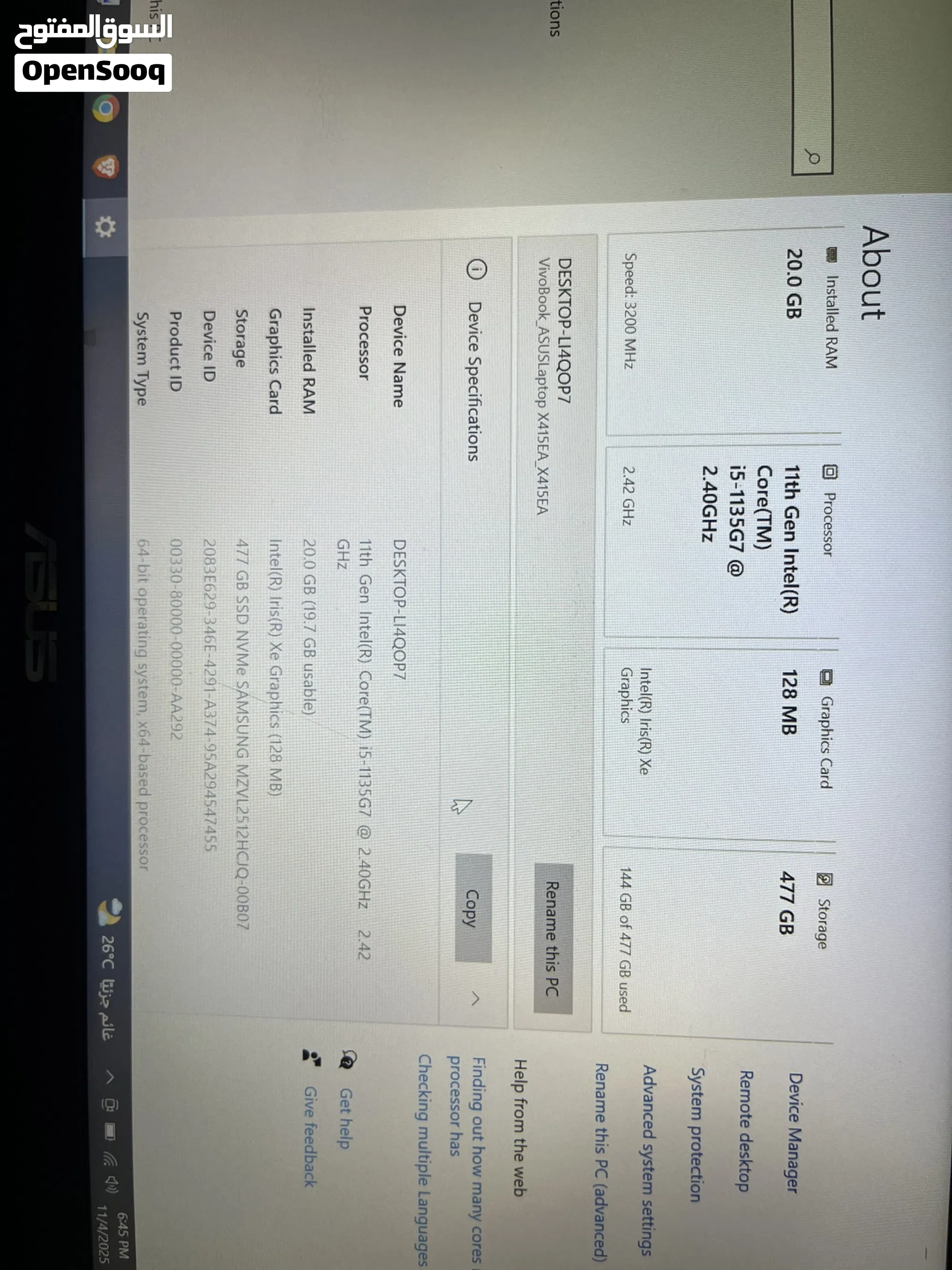 Asus X415 20Gb Ram 512 (SSD M.2) i5 11 Generation 128 MB graphic Card ...